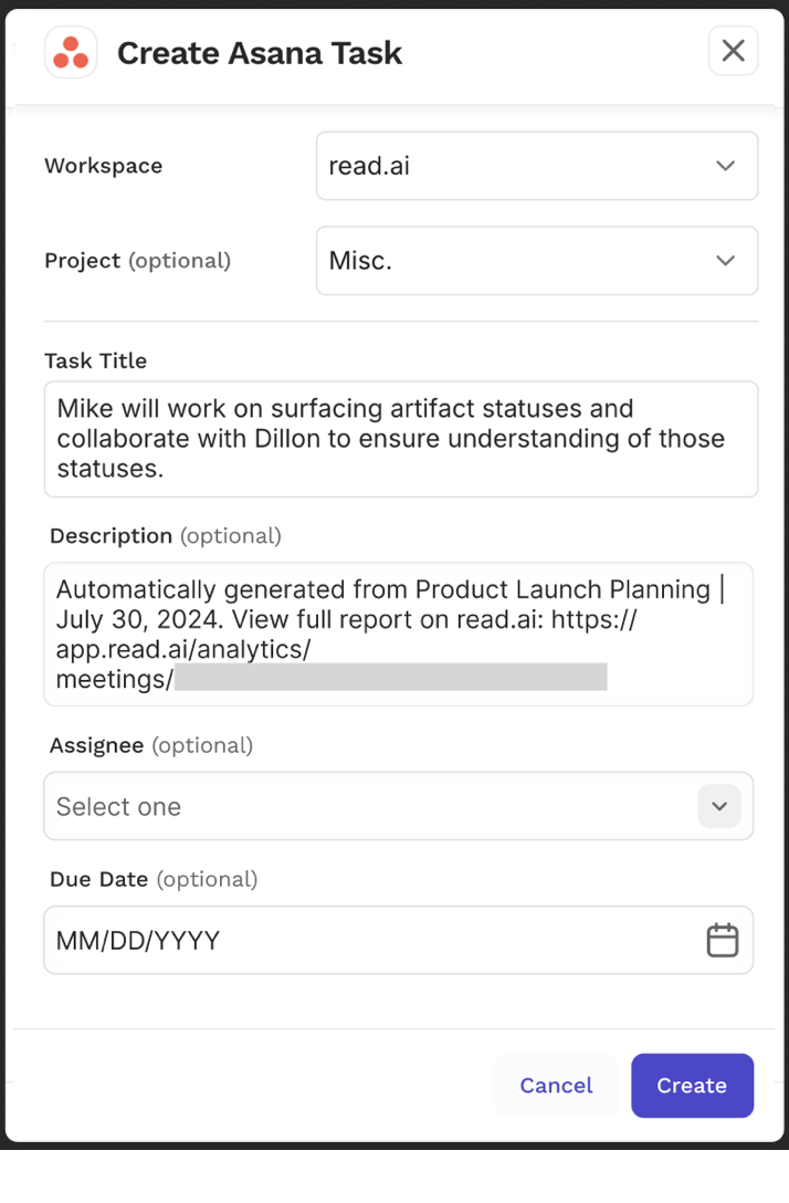 Creating Asana tasks from your action items – Read Help Center